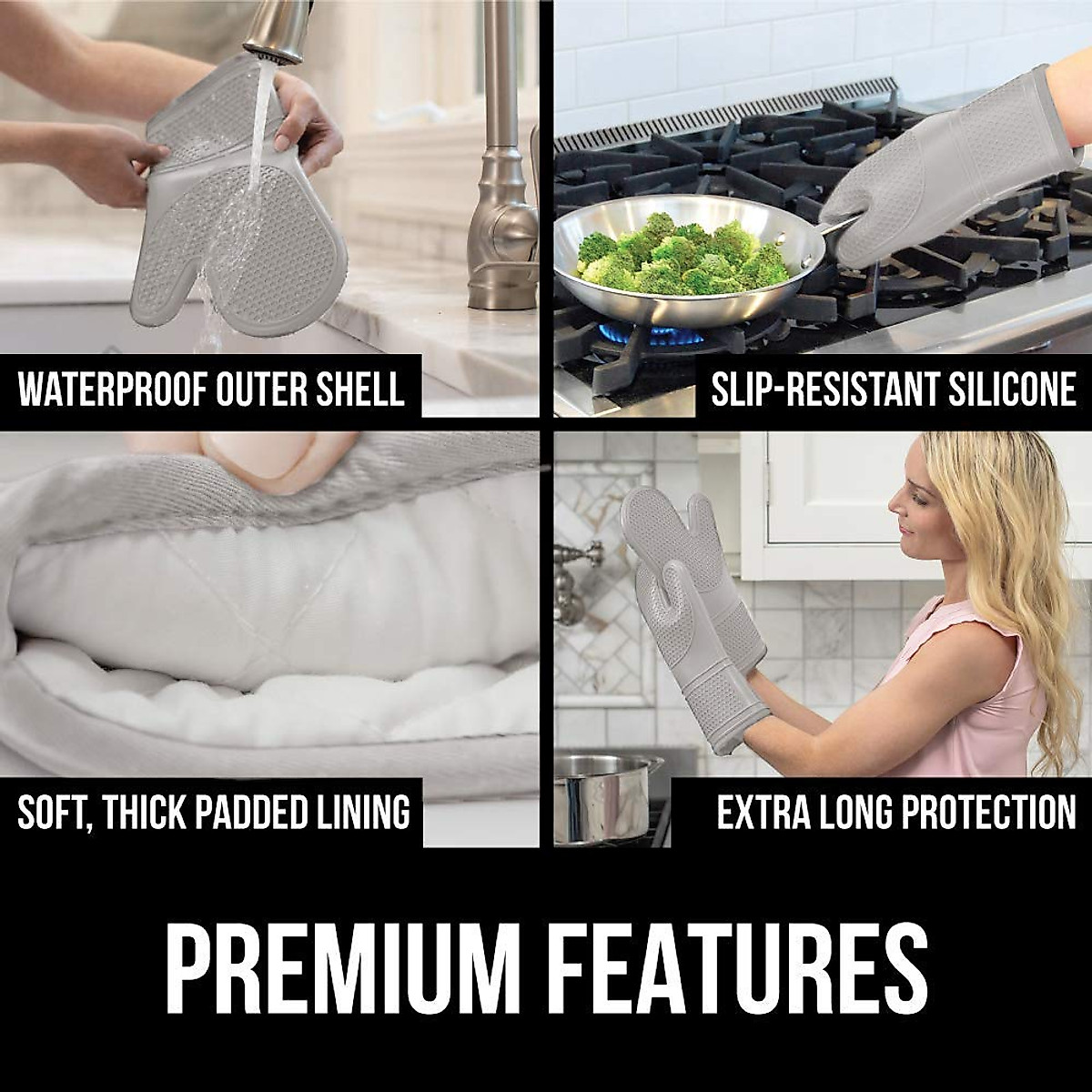 Gorilla Grip Heat and Slip Resistant Silicone Oven Mitts Set, Soft Cotton Lining, Waterproof, BPA-Free, Long Flexible Thick Gloves for Cooking, Kitchen Mitt Potholders, 12.5 in, Almond