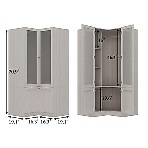 MOUMON Corner Wardrobe Closet with 2 Glass Doors, Armoire Wardrobe Closet with Hanging Rod, for Bedroom Wood Grain (16.3+19.1”W x 19.1+16.3”D x 70.9”H)