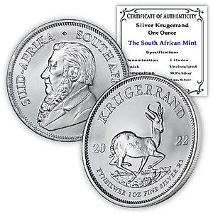 2022 ZA 1 oz South African Silver Krugerrand Coin Brilliant Uncirculated with a Certificate of Authenticity 1 Rand 1R BU