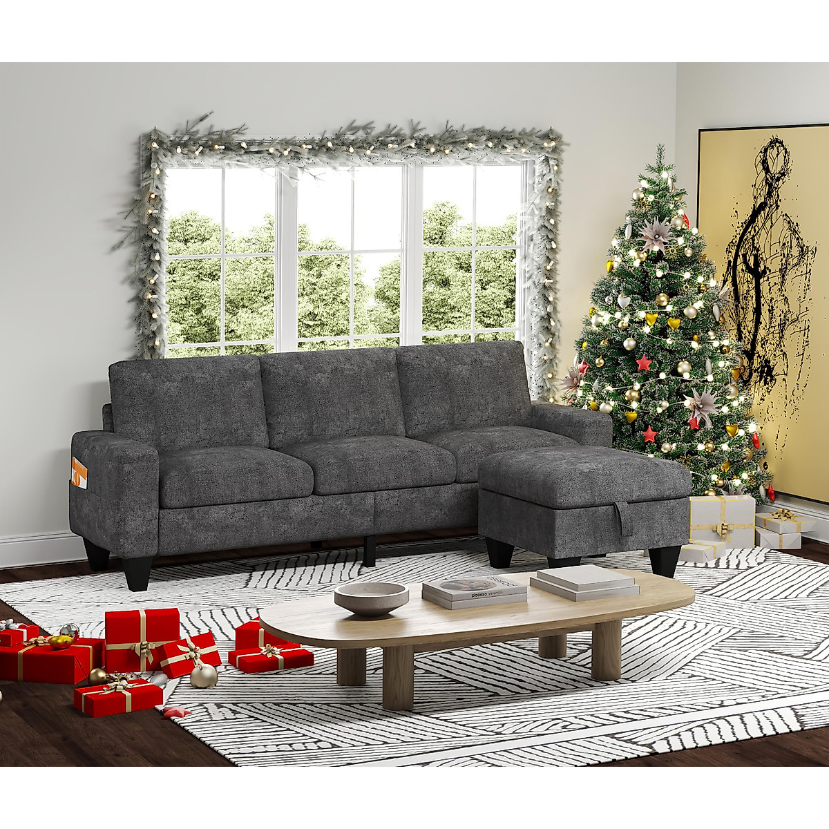 Yattem Convertible Sectional Sofa Couch：Modern Snowflake Velvet L-Shaped Sofa Couch with Reversible Storage Ottoman&Storage Pockets - 3 Seat Sofa Couch for Living Room/Apartment/Studio/Small Space