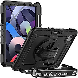 SEYMAC iPad Air 5th/ 4th Generation Case 10.9 Inch, Full-Body Shockproof Protective Case with Screen Protector, 360° Rotating Stand/Handle/Shoulder Strap/Pencil Holder for iPad Air 5/ Air 4, Black