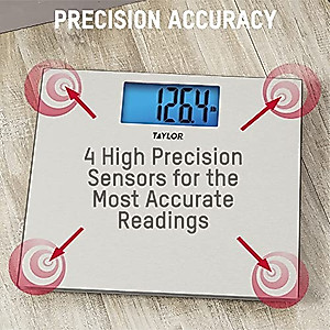 Taylor Precision Products Digital Scales for Body Weight, Highly Accurate 400 LB Capacity, Unique Blue LCD, Auto on and Off Scale, 11.8 x 11.8 Inches, Stainless Steel