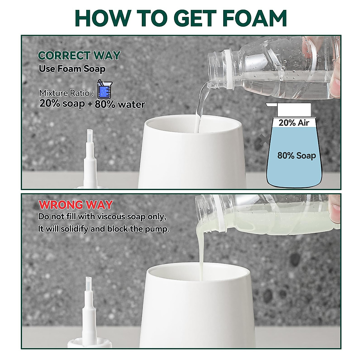 AZMOYAC Foaming Hand Soap Dispenser - White Ceramic Foam Soap Dispenser for Bathroom, Face Wash Dispenser Lotion Bottle with Foaming Pump, 12 Oz Refillable Dish Soap Dispenser for Kitchen