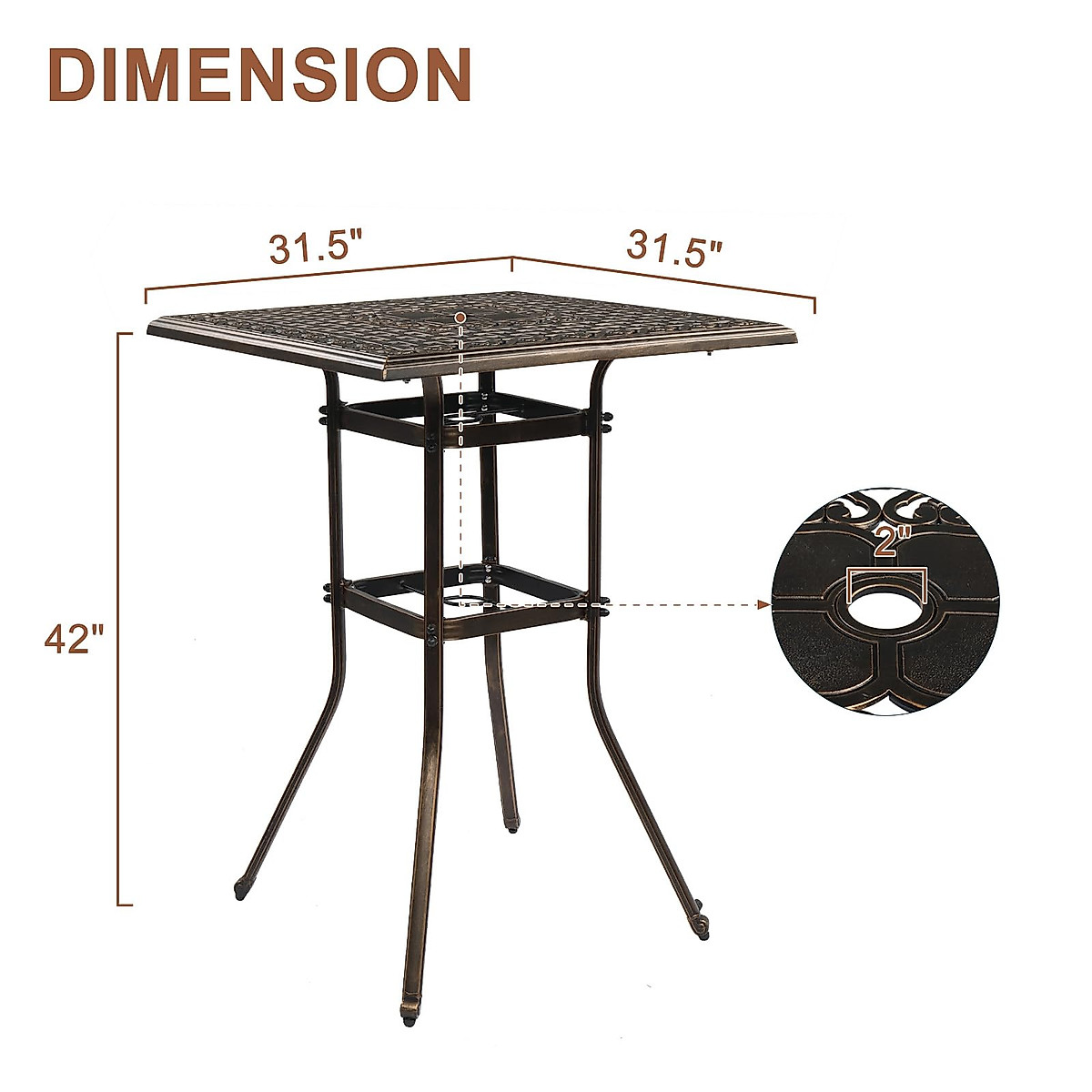 VINGLI Outdoor Bar Table, Sqaure Bar Height Patio Table with Umbrella Hole, Cast Aluminum Tall Outdoor Table Bistro Table Outdoor Furniture Garden Table