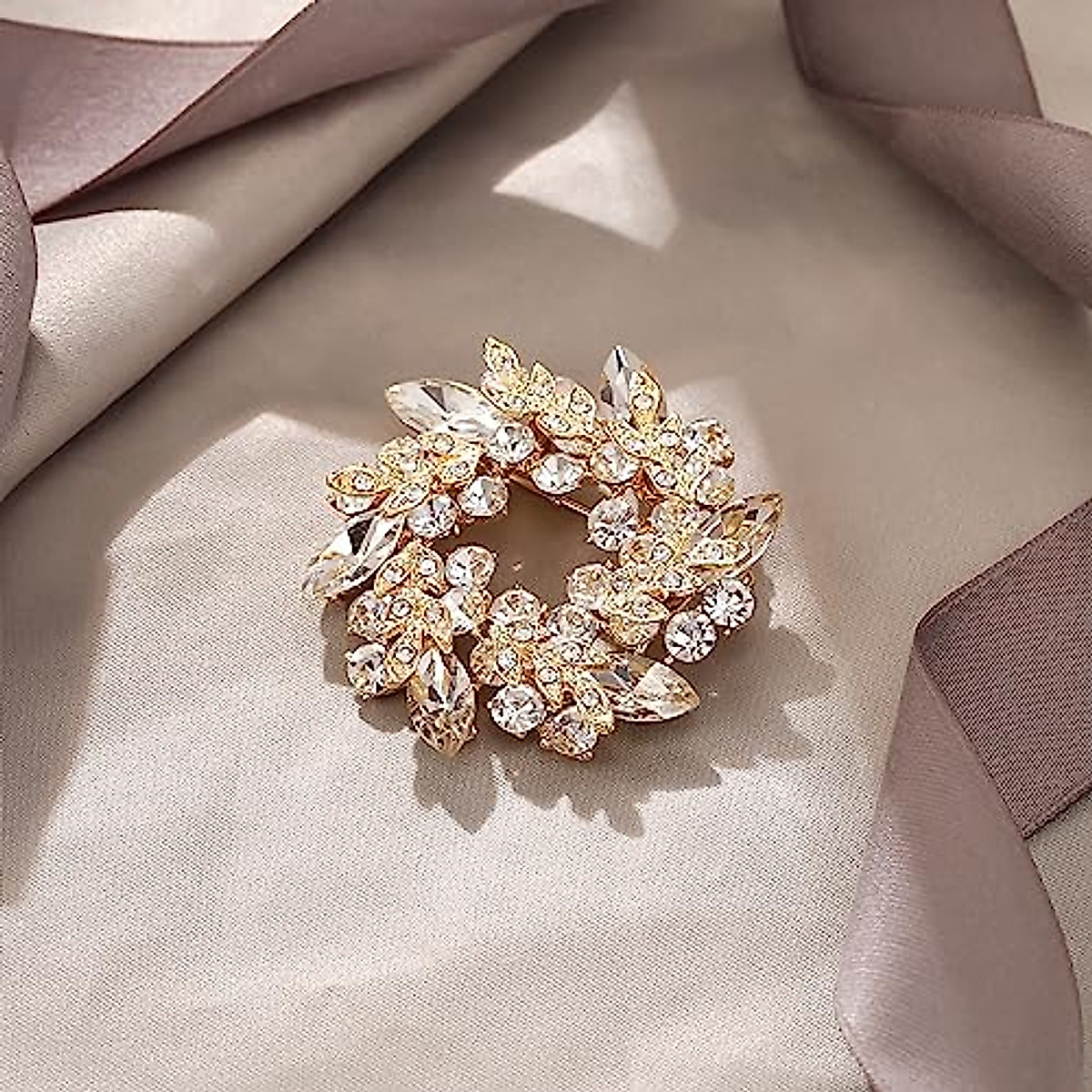 EVER FAITH Austrian Crystal Wedding Flower Wreath Brooch Pin Clear Gold-Tone