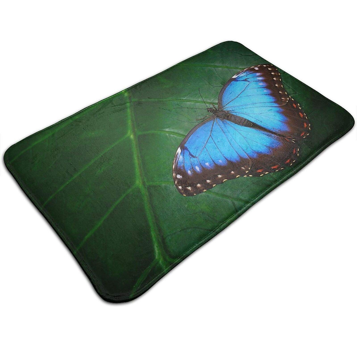 Welcome Doormat Blue Big Butterfly Sitting On Green Leaves Insect in The Habitat Wildlife Welcome Mat Outdoor Entryway Cute Doormat for Front Door Doormat Indoor Non Slip Mat 20x32 Inch