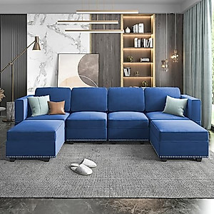 Mjkone Velvet Modular Sectional Sofa with Adjustable Armrest and Backrest for Living Room，U Shaped Couch 6 Seater Convertible Sectional Couch with Indidual Storage Ottoman -Velvet Blue