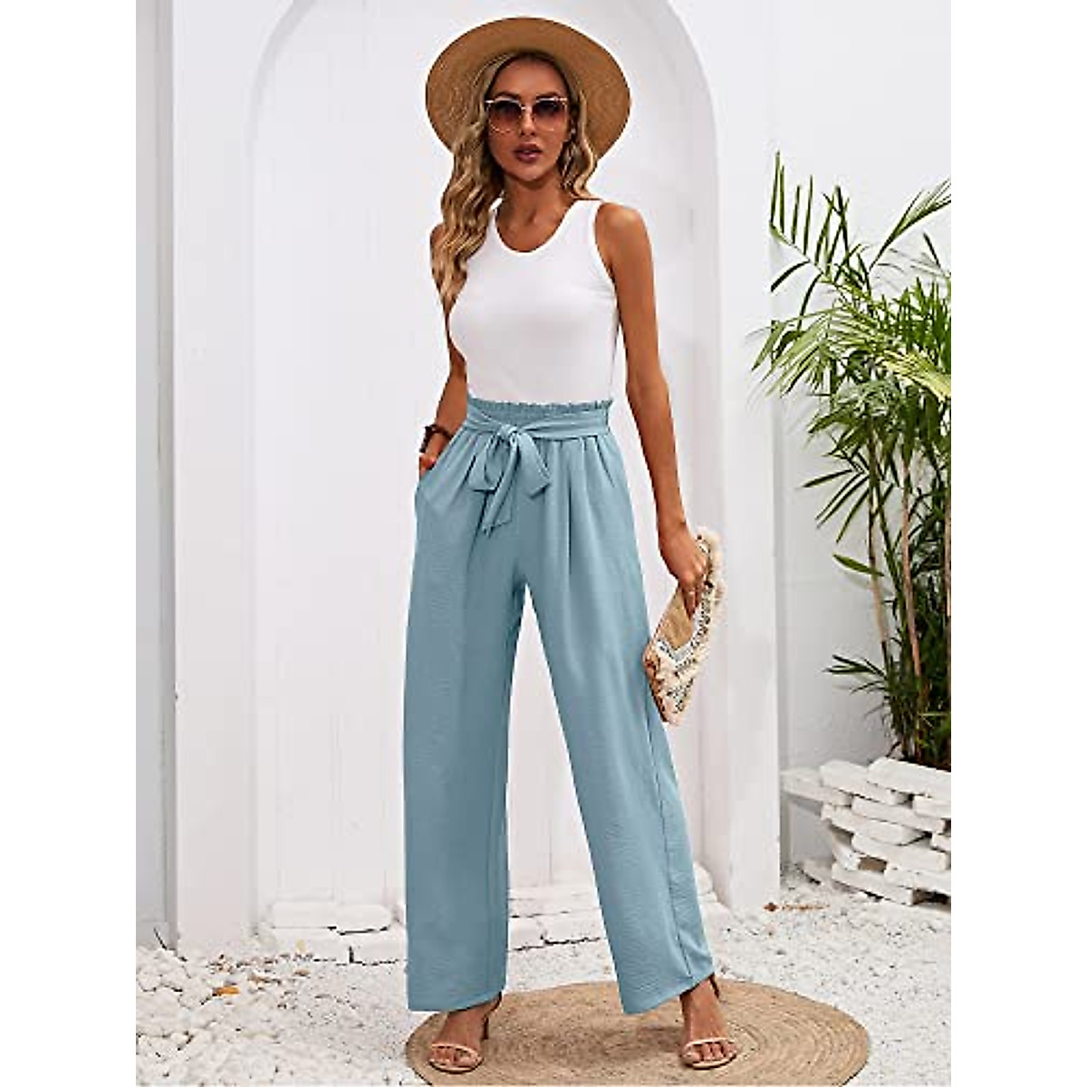 Heymoments Women's Wide Leg Lounge Pants with Pockets Blue Gray Medium Lightweight High Waisted Adjustable Tie Knot Loose Comfy Casual Trousers