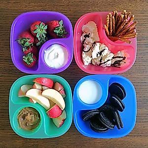 Rolling Sands Reusable Snack and Dip Bowls, 5 Pack, USA Made, Dishwasher and Microwave Safe Personal Size Plastic Divider Bowls, BPA-Free, Two Compartments to Hold Dips, Snacks and Treats