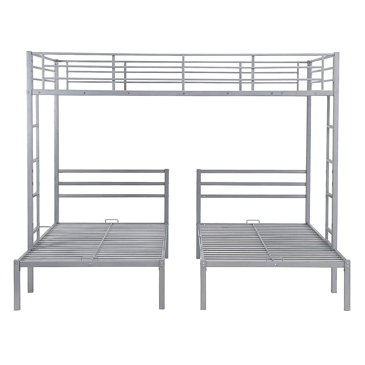 Oudiec Triple Bunk Bed,Full Over Twin&Twin Size Bunk Bed with Built-in Shelf&Ladders,L-Shaped Bunk Bed with Full-Length Guardrails, Space-Saving, Noise-Free, Silver