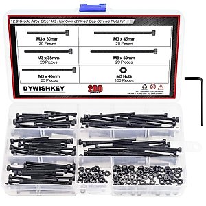 DYWISHKEY 200 Pieces M3 x 30mm/35mm/40mm/45mm/50mm, 12.9 Grade Alloy Steel Hex Socket Head Cap Bolts Screws Nuts Kit with Hex Wrench