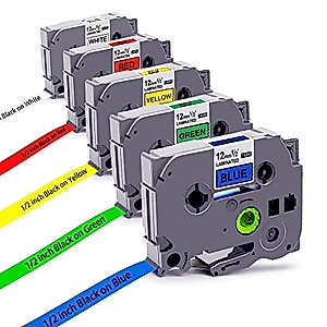Aitaperste Compatible Color Tape Replacement for Brother TZe TZ 12mm 0.47 inch Laminated Compatible with P Touch Label Maker PT-D210 H110 PT-PP700 D202, White Red Blue Yellow Green 26.2 Feet, 5 Pack