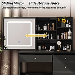 AIEGLE Large Vanity Desk Set with Sliding Lighted Mirror, Makeup Dressing Table with Hidden Shelves & Cushioned Stool, Black - Sliding Lighted Mirror