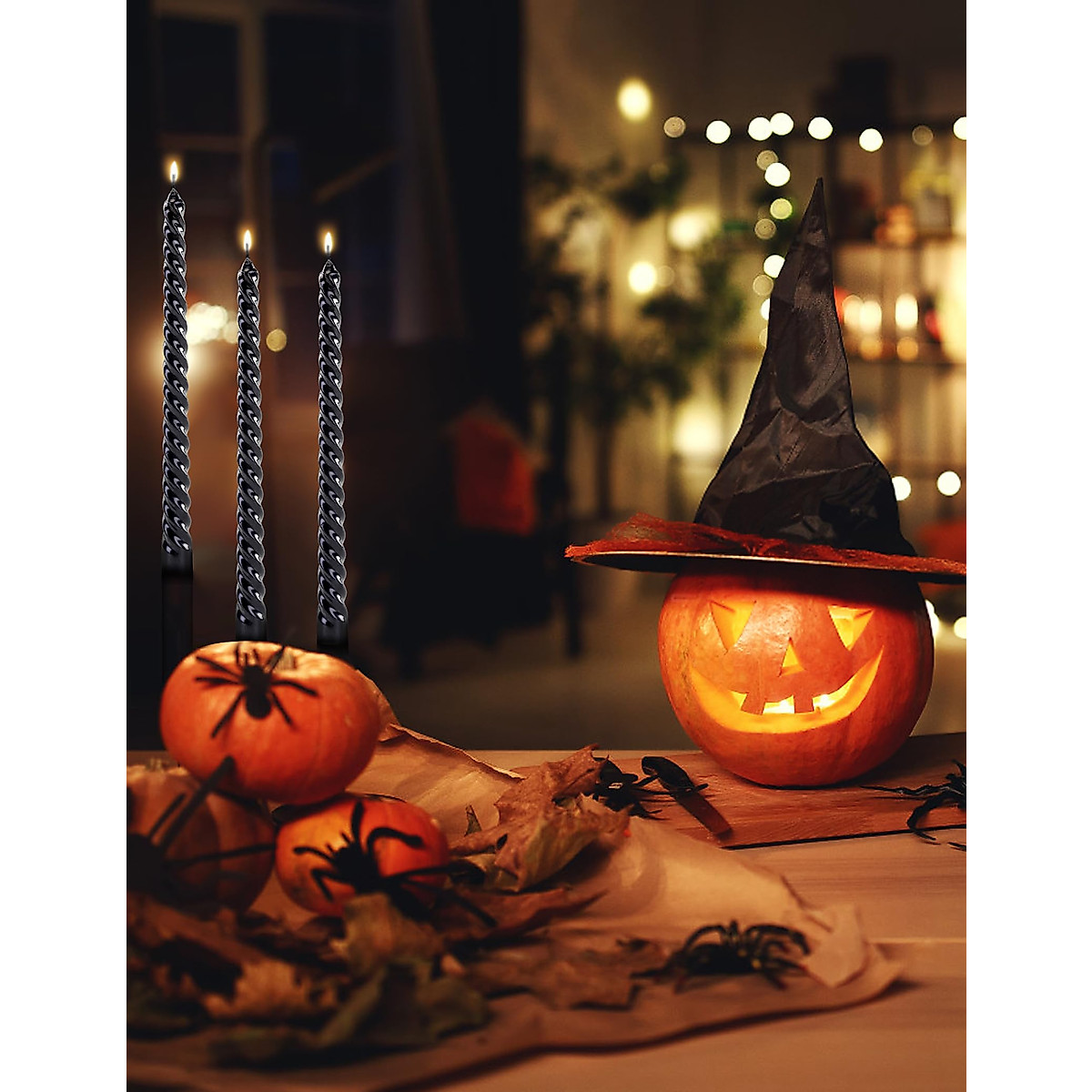 10 inches Dripless Taper Candles Set of 4 Halloween Candles Non-Toxic Candles Metal Style Black Taper Candles Spiral Halloween Candlesticks