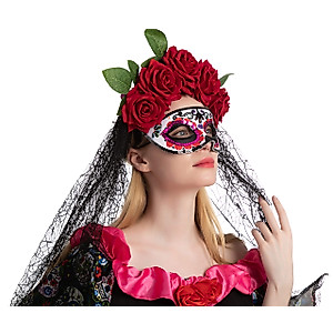 Spooktacular Creations 2 Pcs Day of The Dead Accessories Set with Rose Flower Crown Headband and Masquerade Eye Mask for Halloween Party and Mexican Dia Muertos Costume Accessories