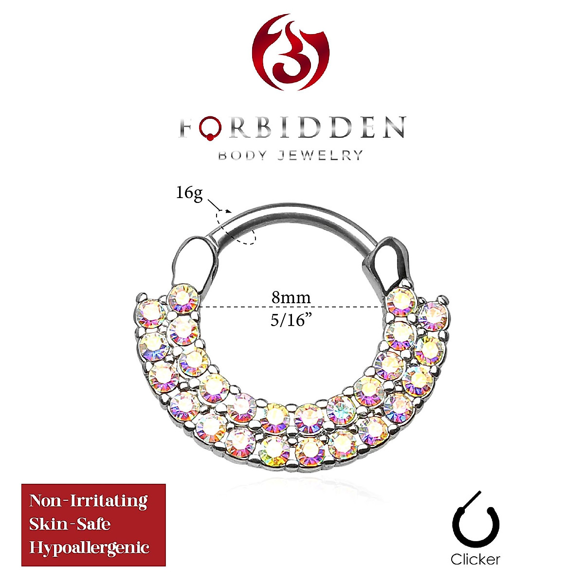 Forbidden Body Jewelry 16g 8mm Surgical Steel Double Lined CZ Clicker Hoop (Aurora Borealis)