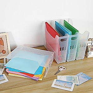 BTSKY 4 Pack Scrapbook Paper Storage Box with Wheels, Plastic Storage Organizer for 12" x 12" Scrapbook Papers, Portable File Organizer with Built-in Handle, Functional Magazine Holder Paper Rack