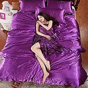 Muskan Collection in Luxurious Soft Satin 5 Piece (1 Flat Sheet + 1 Fitted Sheet + 1 Duvet Cover + 2 Pillow Cases) Bed Sheet Set with 18 inches Deep Pocket (Queen, Purple)