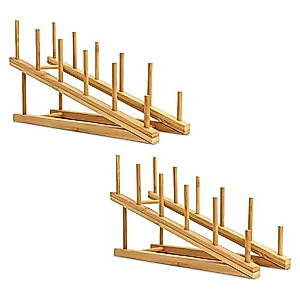 FEOOWV 2 Pack Ladder Wooden Dish Rack, Plate Cutting Board Drying Stand Holder, Kitchen Cabinet Organizer for Cups Books Plates and More (5-Slots Step Type)