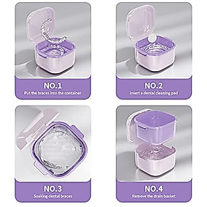 Denture Cup Bath，Portable Denture Case with Strainer Basket，braces False Teeth Storage Box Holder，Retainer case Cleaning，Soak Cup，With braces chewable tablets and Extractor（purple）…