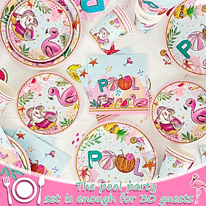 Summer Pool Party Decorations- 121PCS Pink Pool Plates and Napkins Set Beach Party Cups Tablecloths Flamingos Unicorns for Kids Boys Girls Luau Hawaiian Summer Theme Birthday Party Supplies 30 Guest
