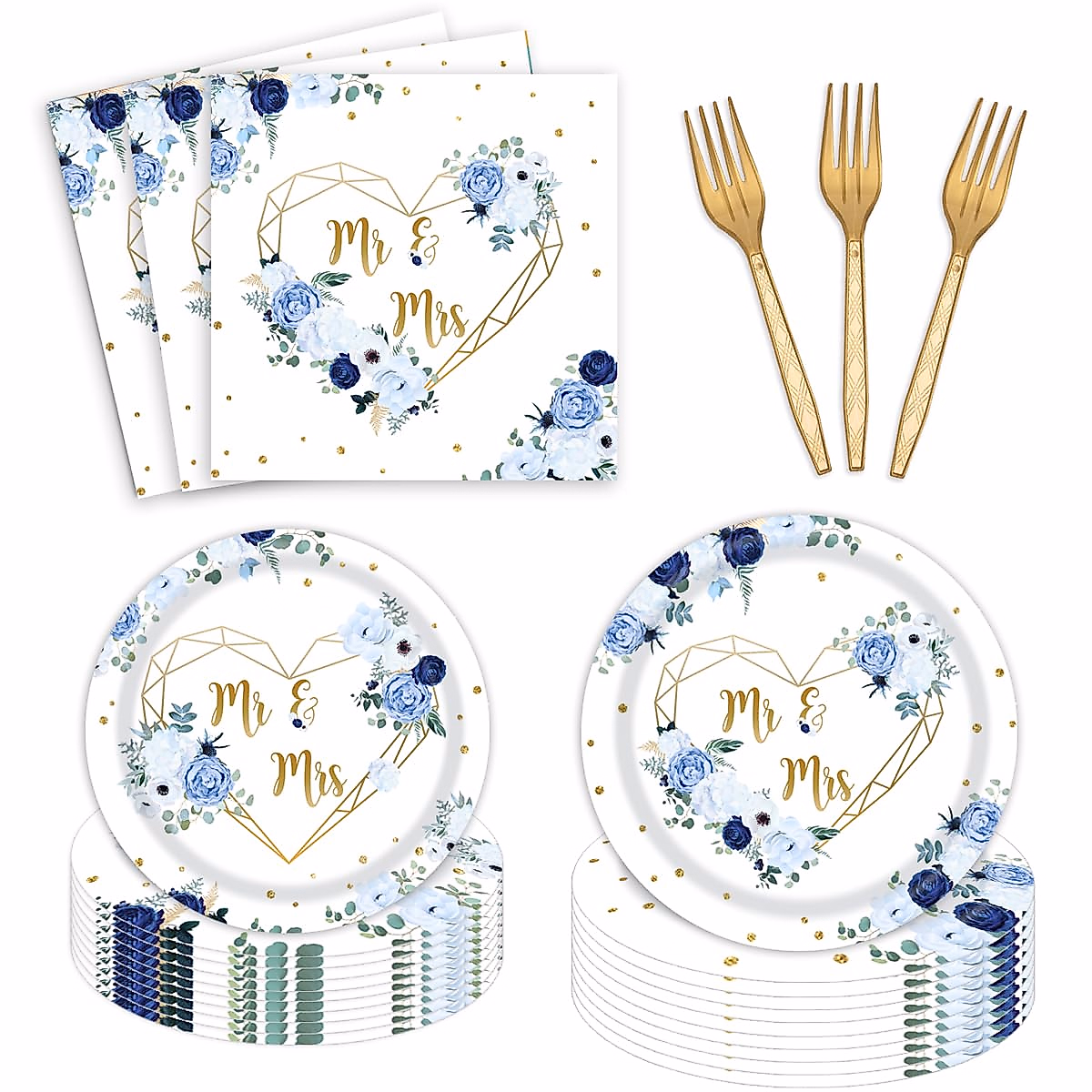 24 Guests Mr and Mrs Bridal Shower Party Supplies, Blue and White Flowers Hearts Geometric Party Plates Napkins Forks Set for Couple Wedding Bride to Be Engagement Party Decorations