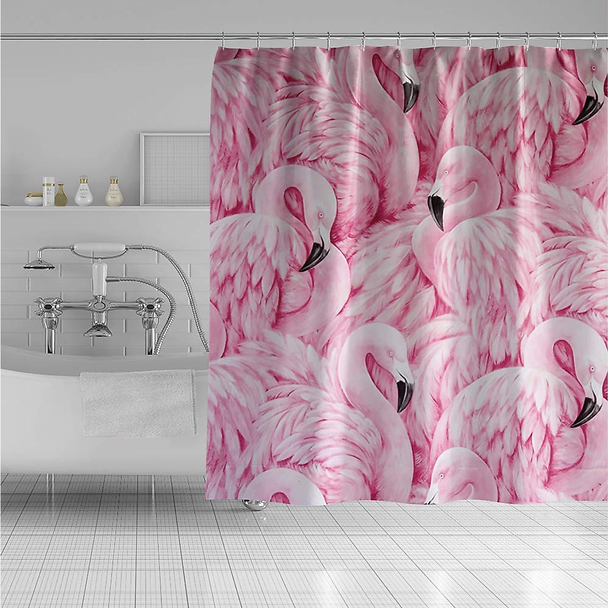 OERJU 71x71 inch Pink Flamingo Shower Curtain for Bathroom Tropical Wildlife Artwork Waterproof Polyester Washable Fabric Home Bath Shower Curtains