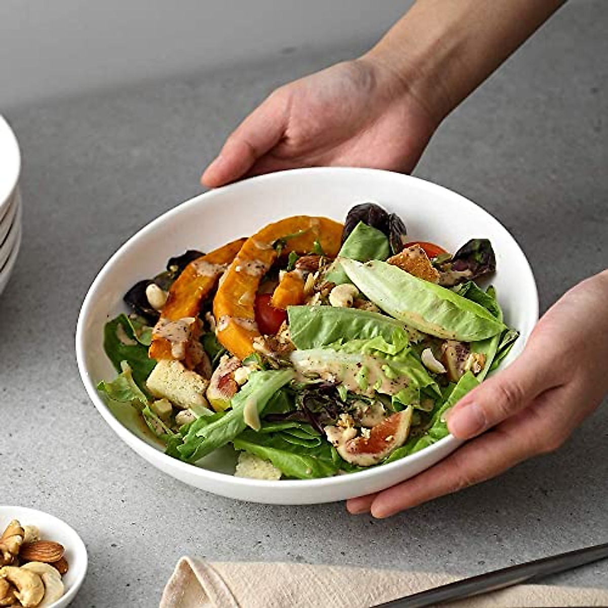 DOWAN Pasta Bowls 32oz, Large Salad Bowls, White Pasta Bowl Set of 6, Porcelain Fruit Bowl Plates, 8.5 inch Wide Shallow Plates, for Bread Meal Prep Bowls