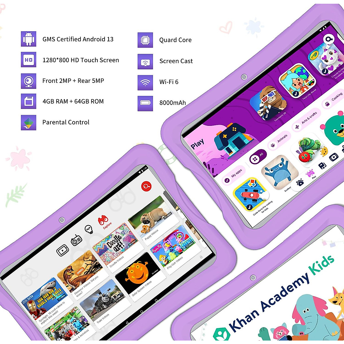 NOBKLEN Kids Tablet 10 Inch, Android 13, 4GB+64GB, 8-Core CPU, WiFi 6, 12H Battery Life, Parental Control, 1280 * 800 HD Display, Dual Cameras, Shockproof Case, Pre-Installed Educational Apps