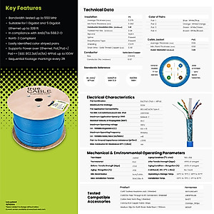trueCABLE Cat6 Shielded Riser (CMR), 1000ft, Blue, 23AWG Solid Bare Copper, 550MHz, PoE++ (4PPoE), ETL Listed, Overall Aluminum Foil Shield (F/UTP), Bulk Ethernet Cable