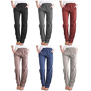 Womens Palazzo Linen Pants Wide Leg High Waisted Drawstring Casual Long Trousers Comfy Elastic Waistband Pants (Wine Red,Large)