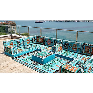 Light Blue Floor Seating Set, Corner Floor Sofa Set, Arabic Majlis, U Shaped Arabic Sofa Set, Sectional Sofas, Floor Cushions, Arabic Jalsa (U Sofa Full Set)