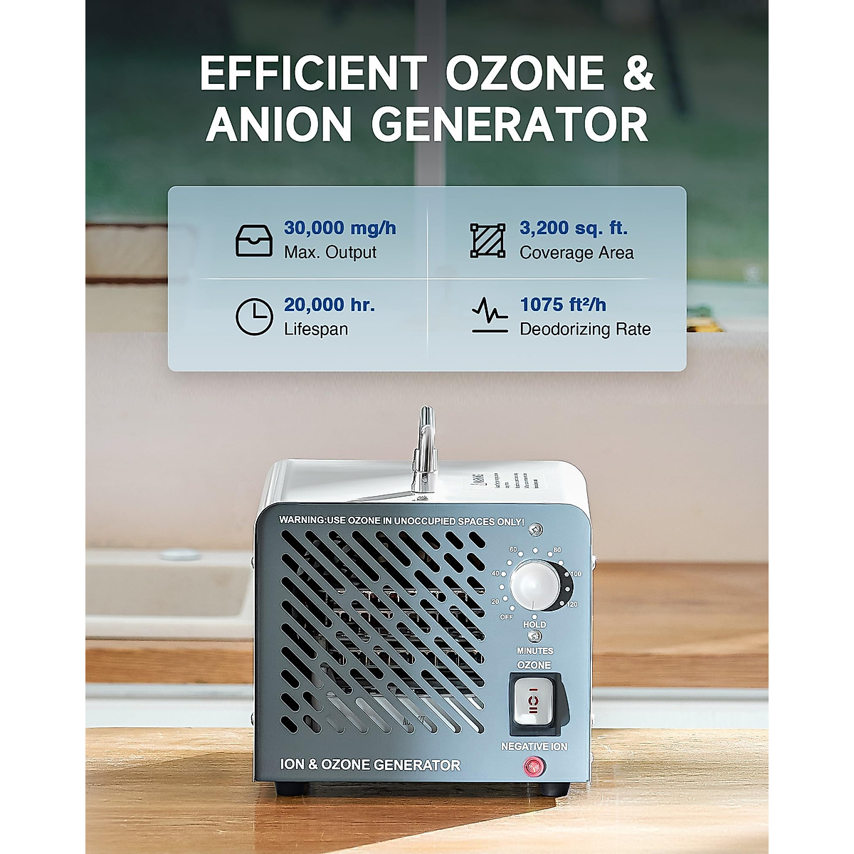 CREWORKS Ozone Negative Ion Generator, 30000 mg/h 2-in-1 Odor Eliminator Air Purifier for Car Home Smoke Pet Odor Removal, Commercial Ozone Machine Ionizer with Timer for 3200 sq ft Room