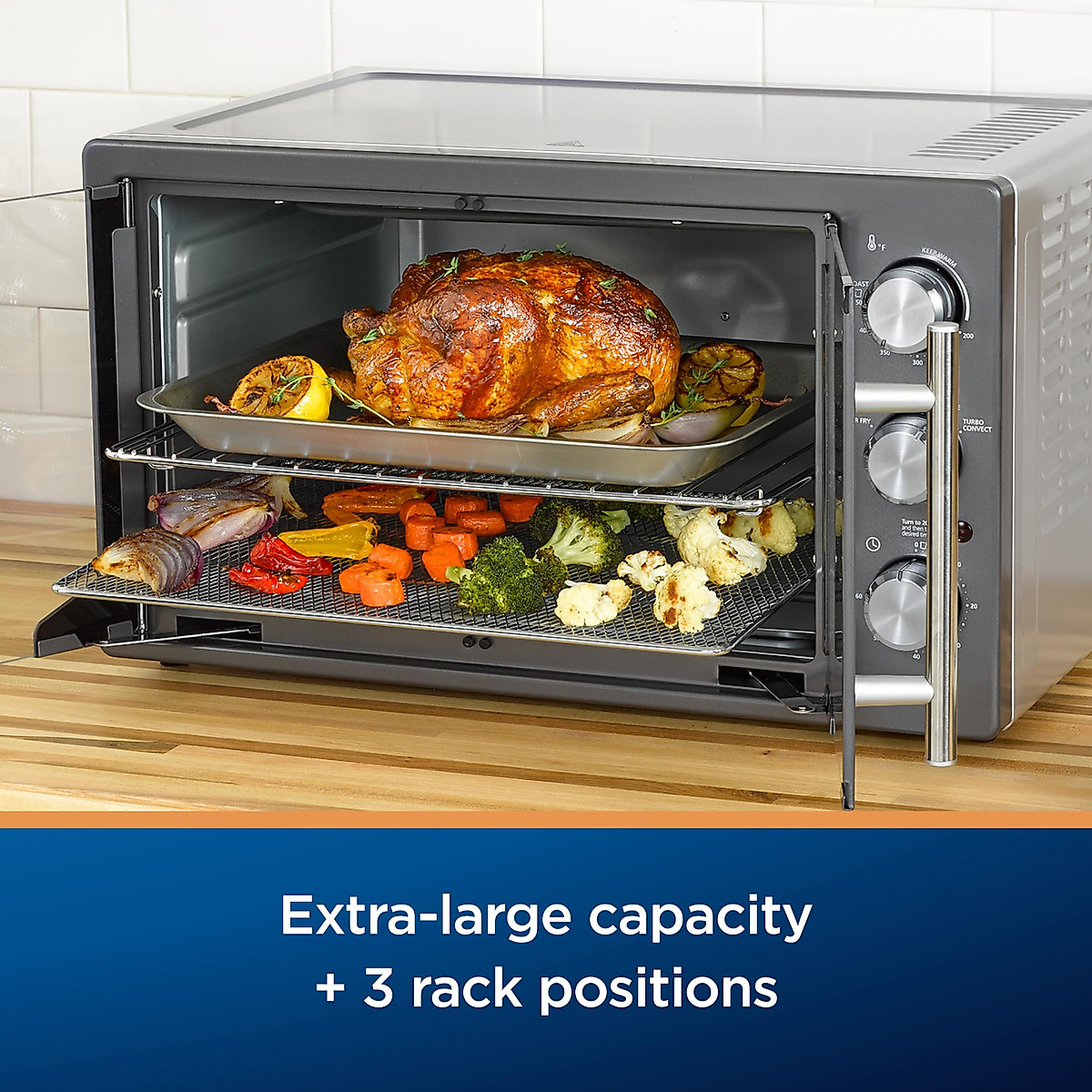 Oster Extra-Large French Door Air Fryer Countertop Oven, Stainless Steel, 60-Min Timer, 6 Cooking Functions, Versatile Accessories, Reduces Energy and Cooking Time