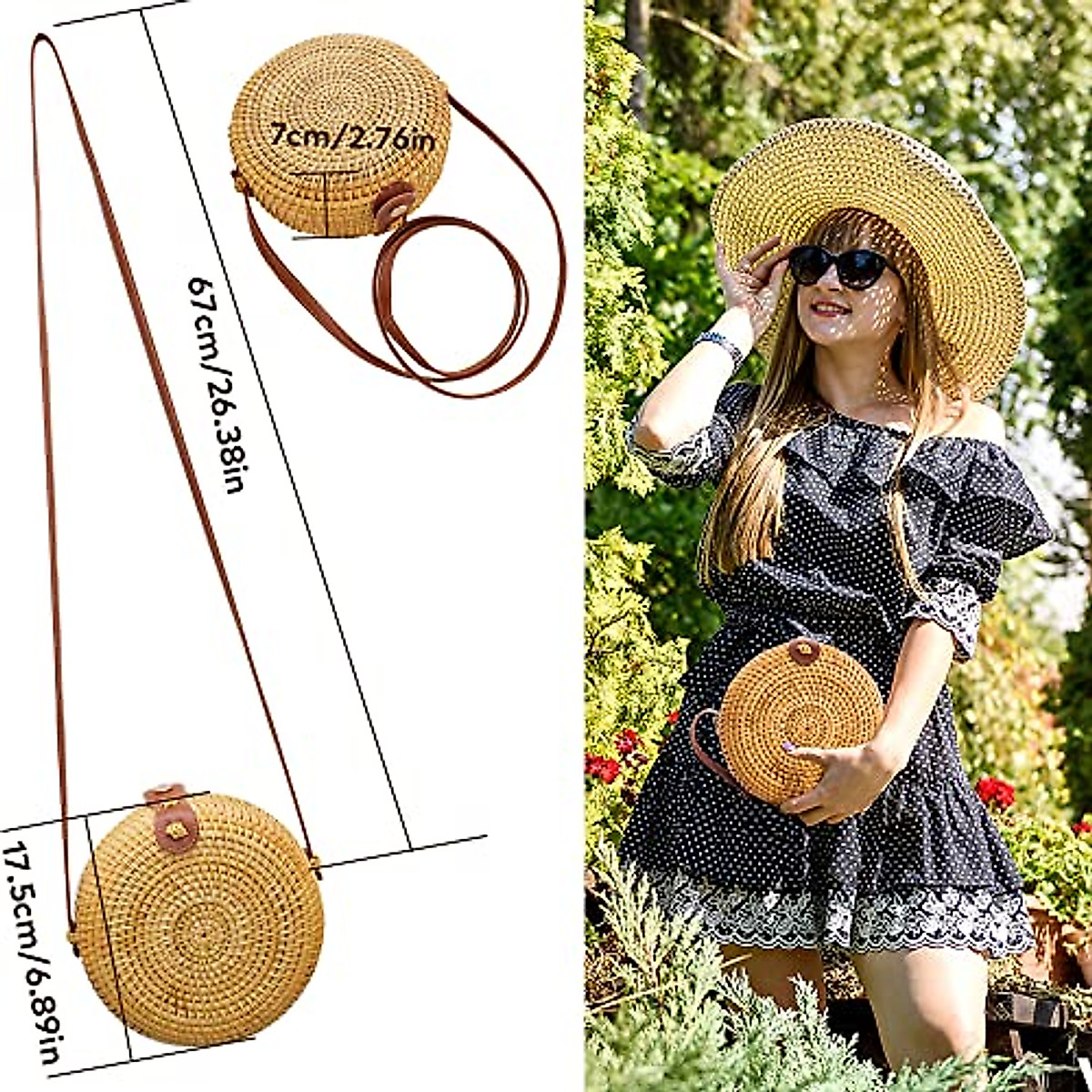 WYBG Handwoven Boho Rattan Bag with Leather Strap Round Circle Woven Wicker Chic Women Handbag Handmade Bali Ata Shoulder Bag Weave Crossbody Bag Wicker Straw Purse for Women Girls