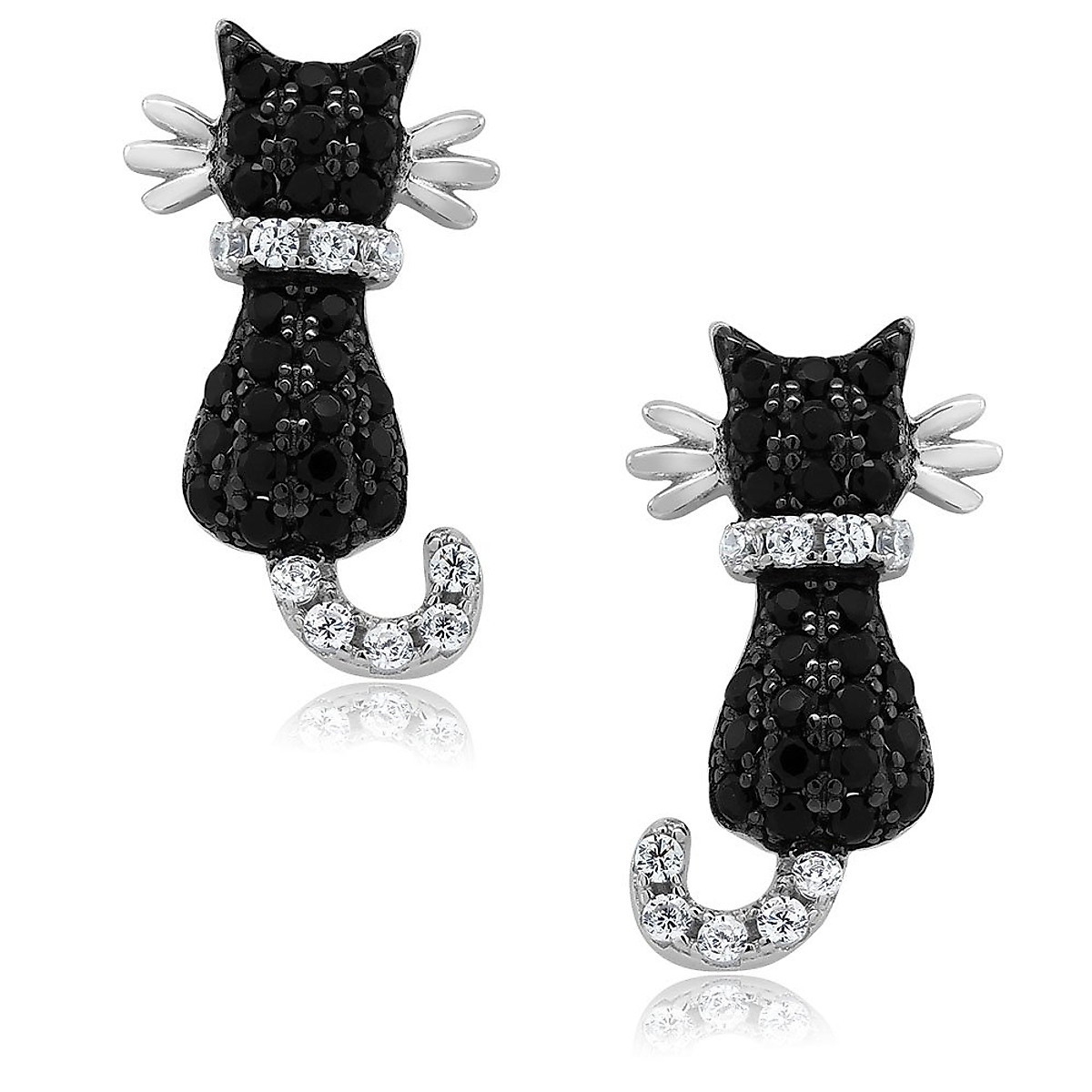 Gem Stone King 925 Sterling Silver Black and White Cubic Zirconia CZ Cat Stud Earrings For Women (0.54 Cttw, 1/2 Inch)