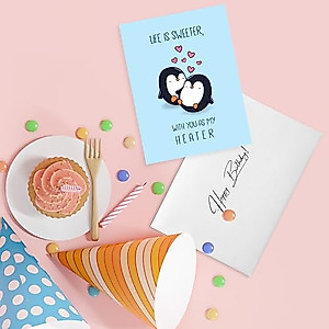 Anniversary Birthday Card for Her Him/Funny Birthday Card for Boyfriend Girlfriend/Husband Wife/Handmade Greeting Card (Life is sweeter with you as my heater - penguins)