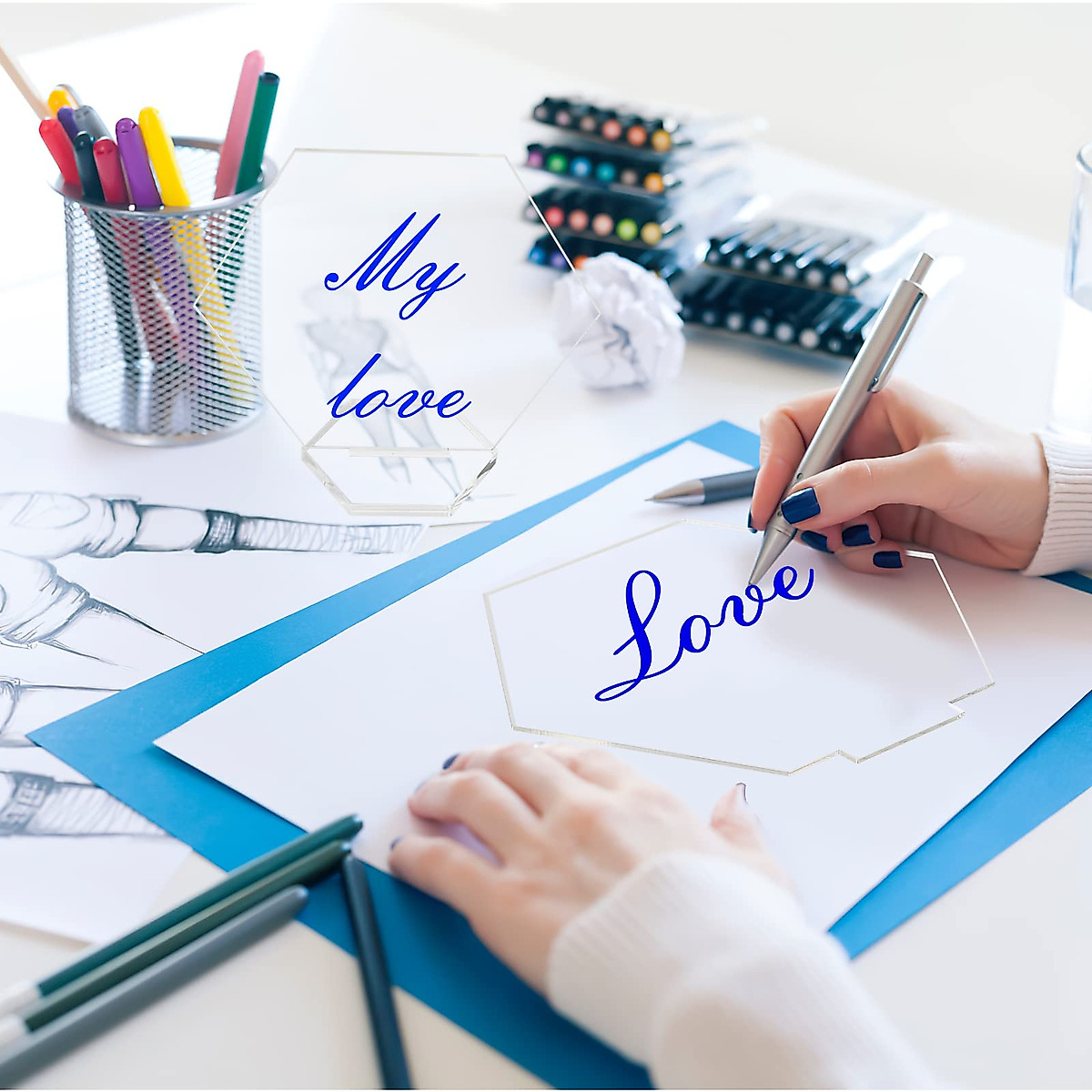 Senbota 32 Sets Hexagon Acrylic Blank With Stand,DIY Clear Hexagon Place Cards, Acrylic Table Numbers Sign for Wedding Table Decor