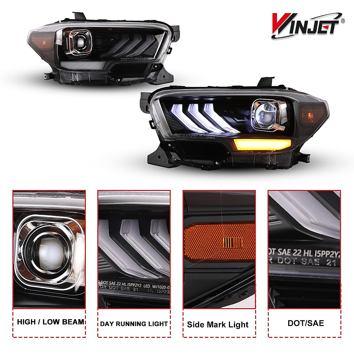 Winjet LED Headlights Assembly Fit For 2016-2019 Toyota Tacoma, Led Headlamp For 2020-2023 Tacoma (SR, SR5, TRD Sport models only), Tacoma Front Lamp w/Led High& Low Beam (Matte Black/Clear Lens)
