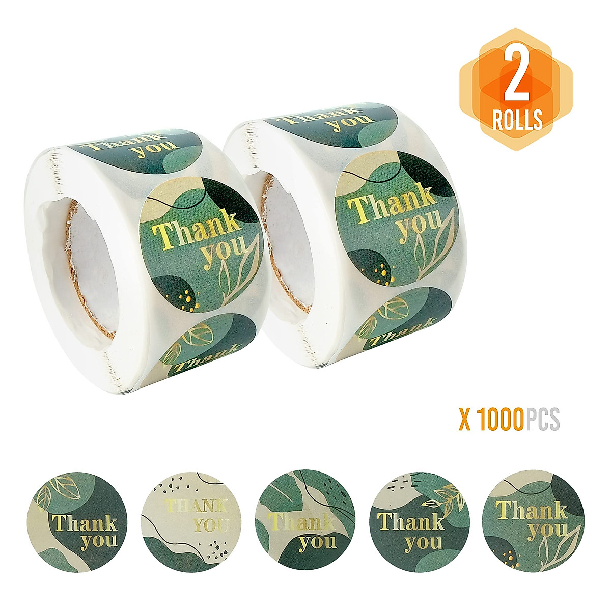 2Rolls-1000PCS 1.5" Green Series Thank You Stickers | 6 Different Design Thank You Designs for Business Packaging, Thank You Labels for Gifts Bags, Boxes and Envelope Sealing