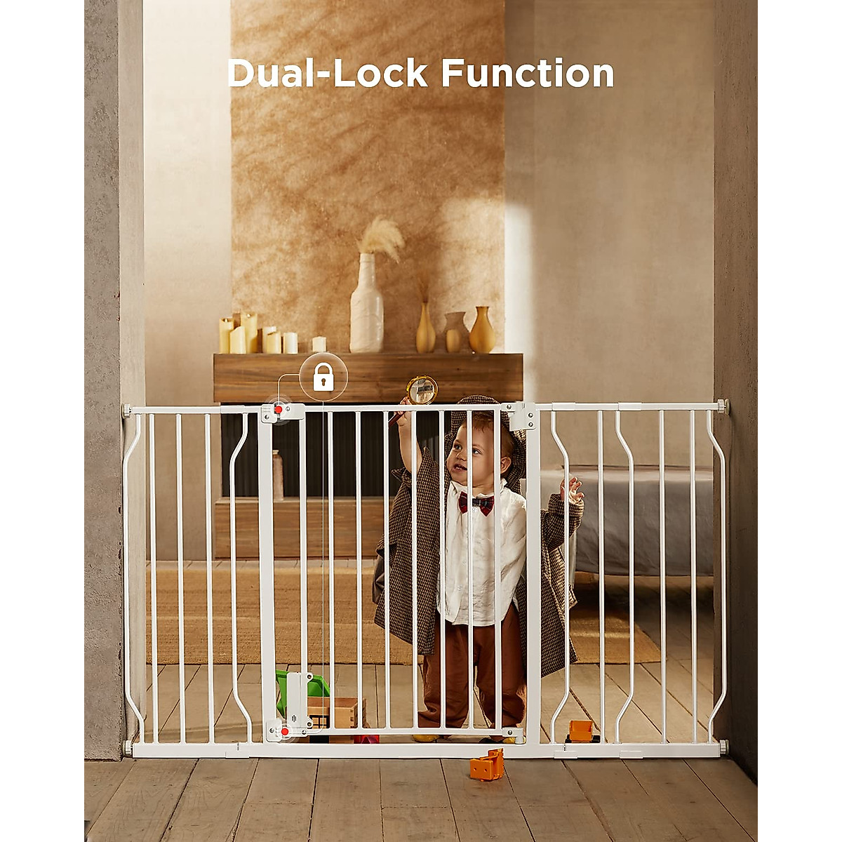 Ciays 29.5” to 57.1” Baby Gate for Stairs Doorways and House, 30” Height Extra Wide Auto-Close Safety Dog Gate for Pets with Secure Alarm, Pressure Mounted, White