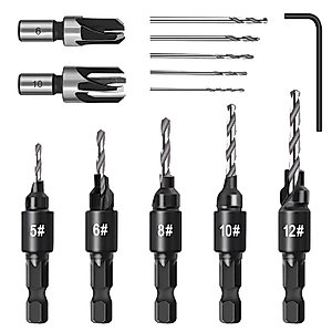 Countersink Drill Bit Set, Woodworking Chamfered Adjustable Counter Sinker Tools on Counter Sink Holes with 1/4" Hex Shank, 2 Pcs Wood Plug Cutter Drilling Tools for DIY Woodworking with One L-Wrench