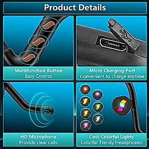 Bone Conduction Bluetooth Headphones, Wireless Open-Ear Headphones with Microphone Colorful Lights, Sports Headset Lightweight Sweatproof Noise-Canceling Earphones for Outdoor, Running, Driving-Black