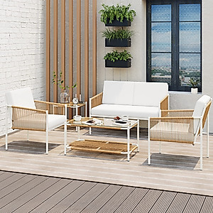 JAMFLY 5 Piece Patio Wicker Furniture Set, Outdoor Patio Furniture Rattan Conversation Set, All Weather Conversation Set for Backyard, Balcony, Deck with Soft Cushions and Glass Table