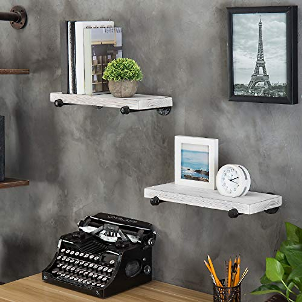 MyGift 16-Inch Rustic White Wood Wall-Mounted Floating Shelves with Black Metal Pipe Brackets, Urban Industrial Wall Hanging Storage and Display Shelf, Set of 2