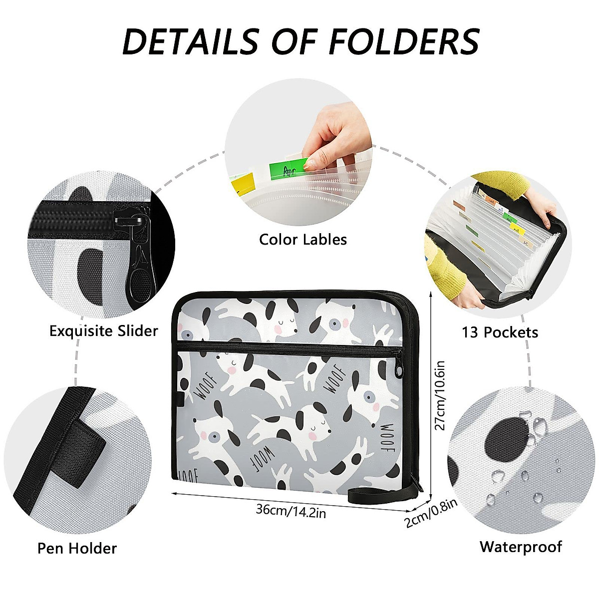 ZZKKO 13 Pockets Expanding File Folder Cute Dogs Animal Grey with Sticky Labels Accordion File Folder Document Organizer Letter Size A4 Papers Expandable File Keeper