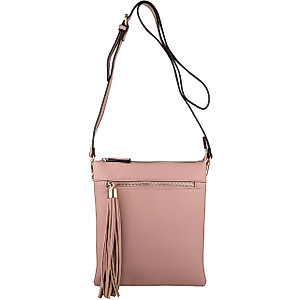 B BRENTANO Vegan Double-Zip Pocket Crossbody Handbag Purse wih Big Tassel Accent (Blush)