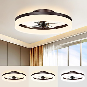 VOLISUN Low Profile Ceiling Fans with Lights and Remote, 19.7in Fandelier Ceiling Fan Flush Mount, 3000K-6500K Smart Bladeless LED Fan Light, Brown Modern Ceiling Fans with Lights for Bedroom