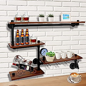 Rocomoco Industrial Pipe Shelving Wine Rack Wall Mounted with 4 Stem Glass Holder 39 Inch Bar Shelf Rustic Metal Floating Wall Bar Shelf 4-Tiers Hanging Liquor Wood Shelves Glass Rack for Kitchen