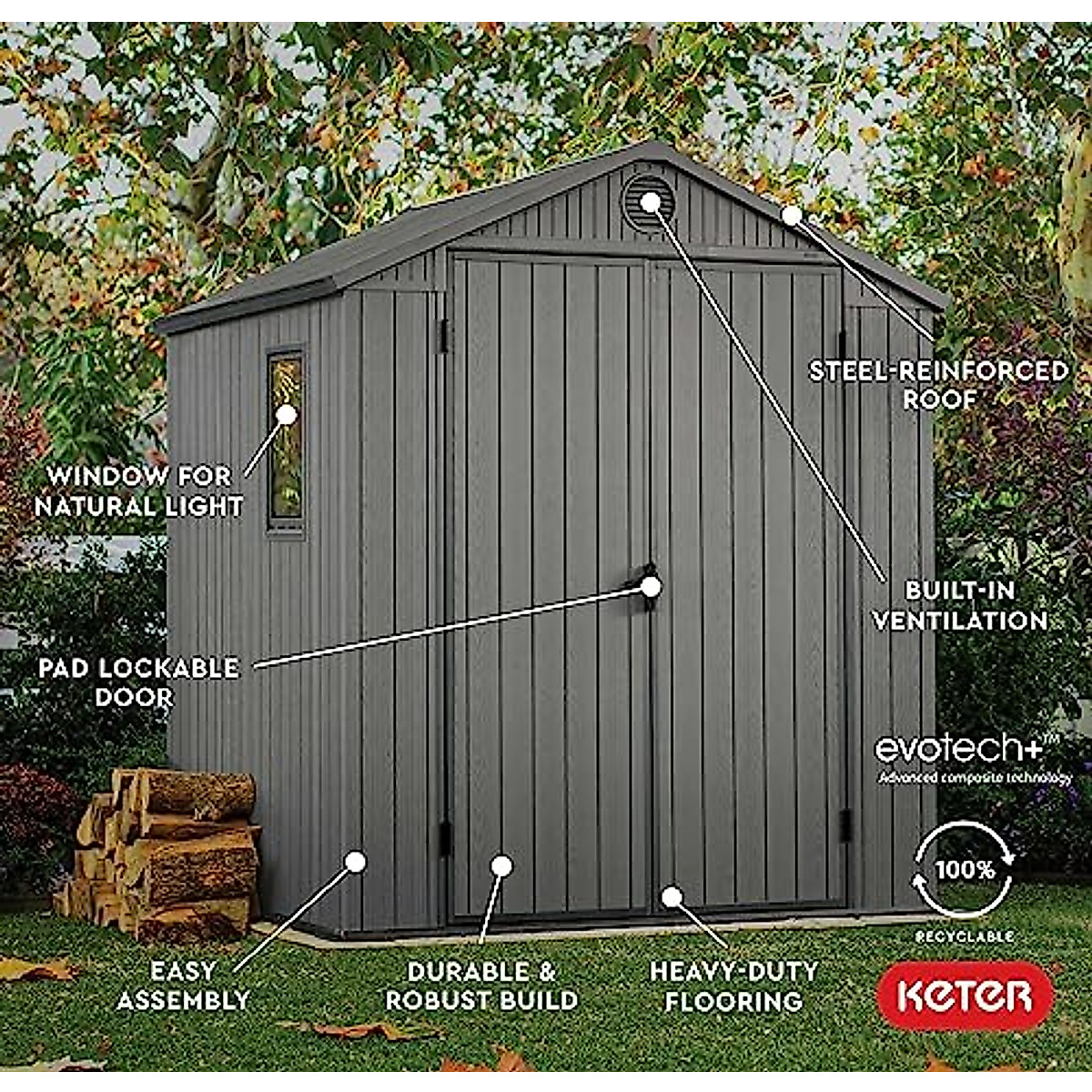 Keter Darwin 6 x 6 Foot Spacious Heavy Duty Outdoor Storage Shed for Organizing Garden Accessories and Tools with Double Doors and High Ceiling, Gray